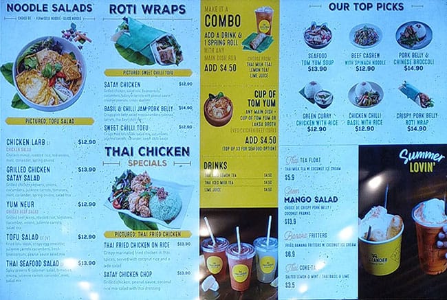 Menu at Thailander restaurant, Southbank, 3/4 Riverside Quay