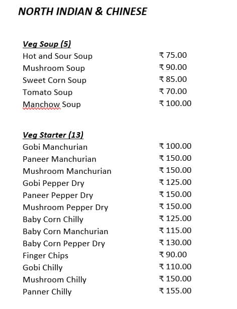 Menu at Ayodhya Vaibhava, Bengaluru