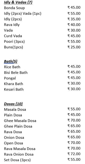 Menu at Ayodhya Vaibhava, Bengaluru