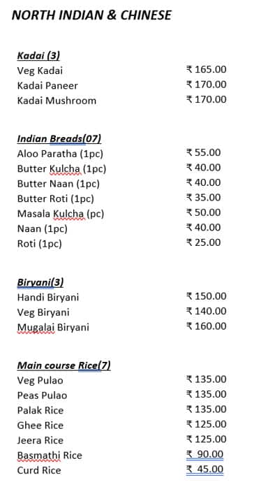 Menu at Ayodhya Vaibhava, Bengaluru