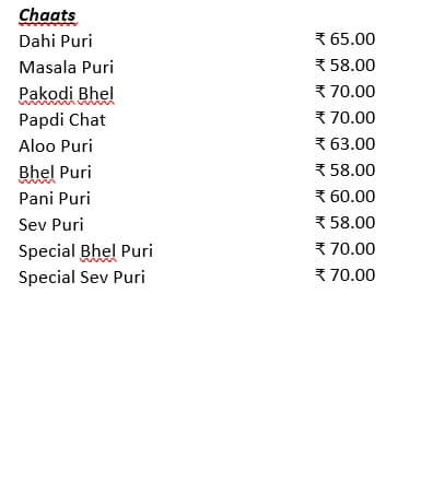 Menu at Ayodhya Vaibhava, Bengaluru