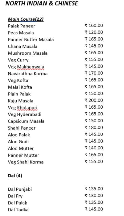 Menu at Ayodhya Vaibhava, Bengaluru