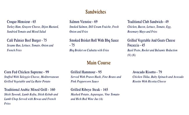Menu at Cafe Palmier, Abu Dhabi, F9W8+H53 - Khalifa Bin Zayed Street ...