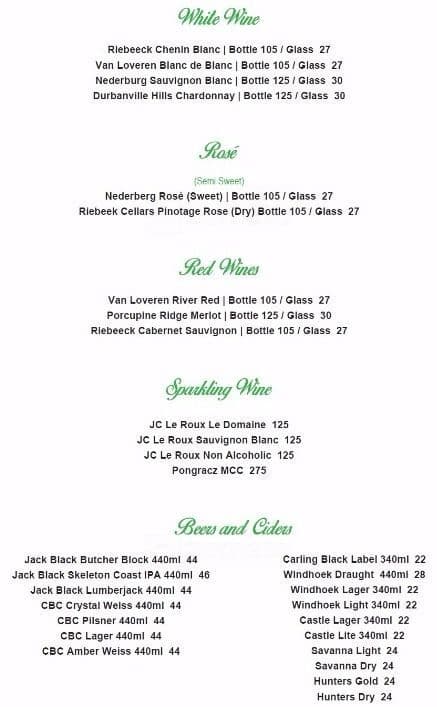Menu at Starke Ayres Restaurant, Cape Town, West Coast Village