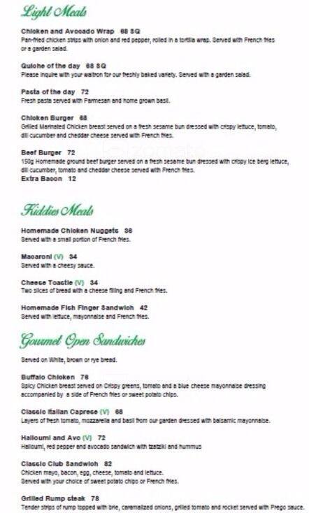 Menu at Starke Ayres Restaurant, Cape Town, West Coast Village