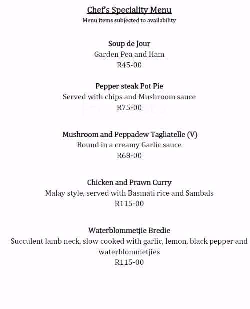 Menu at Starke Ayres Restaurant, Cape Town, West Coast Village