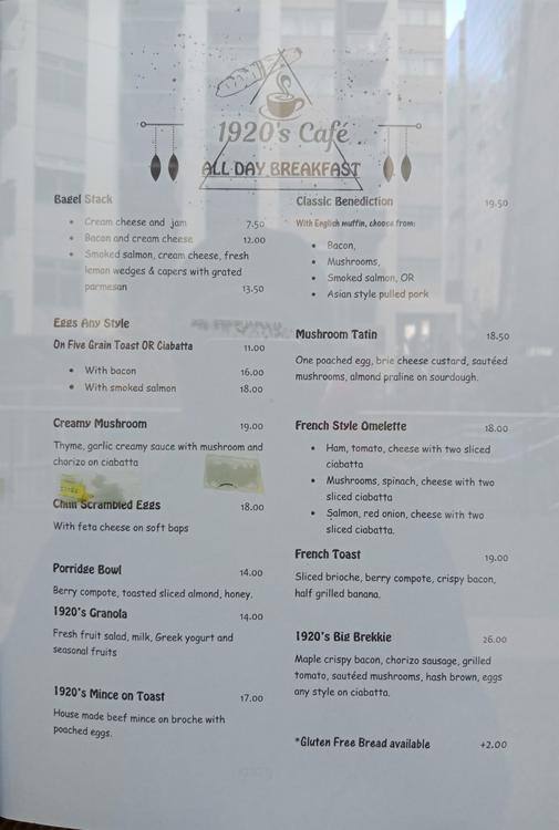 Menu at 1920s Cafe, Auckland