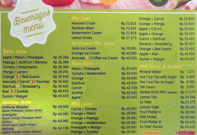 Menu at MM Juice Restaurant, Bogor, Giant Taman Yasmin
