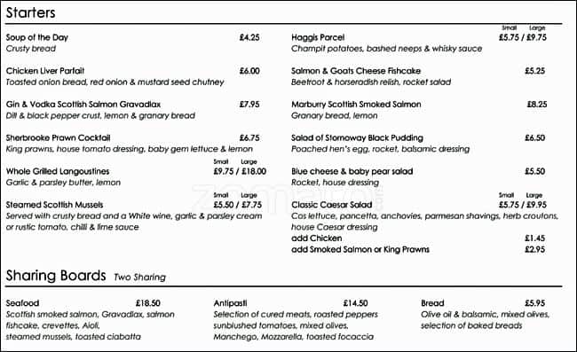 Menu at Sherbrooke Castle Hotel Glasgow pub & bar, Glasgow