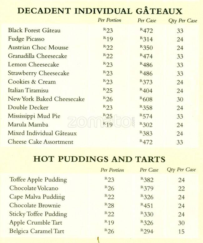 Menu au Château Gâteaux Durban North desserts, Durban, Shop 1