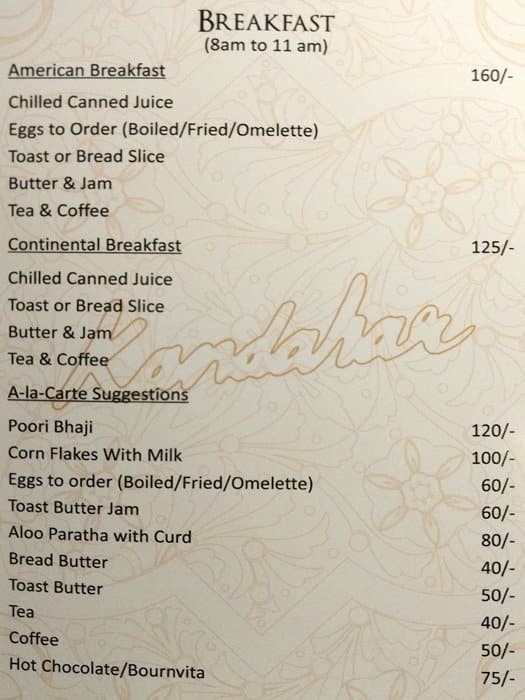 Menu at Kandahar, Indore