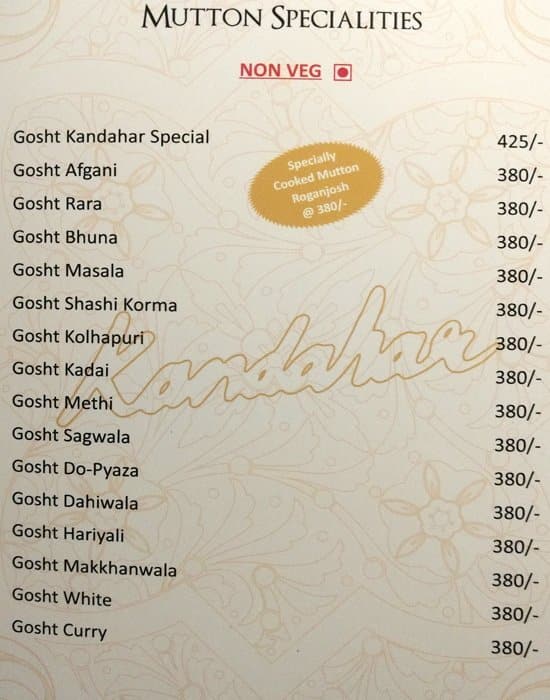 Menu at Kandahar, Indore
