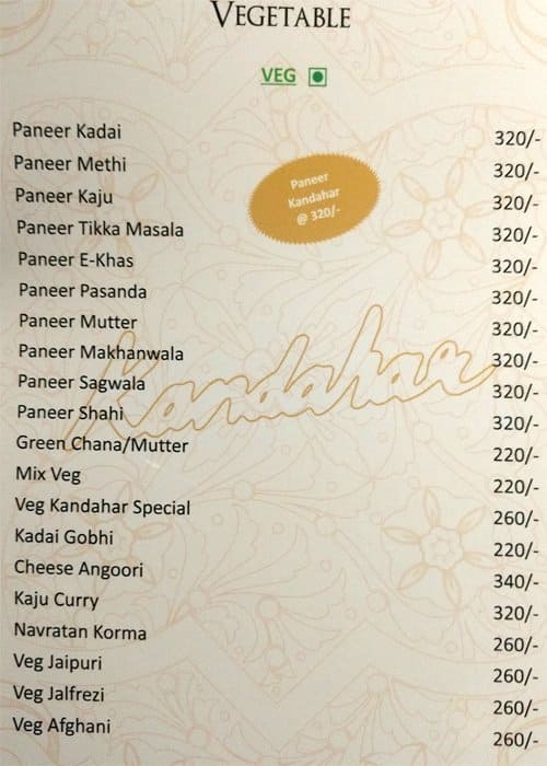 Menu at Kandahar, Indore