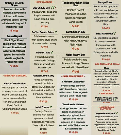 Menu at Siri Indian Cuisine restaurant, Dublin