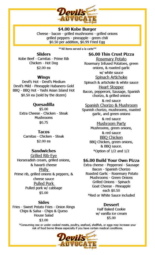 Menu at Devil's Advocate Sports Grill pub & bar, Tempe