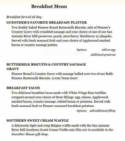 Menu at The Guenther House restaurant, San Antonio