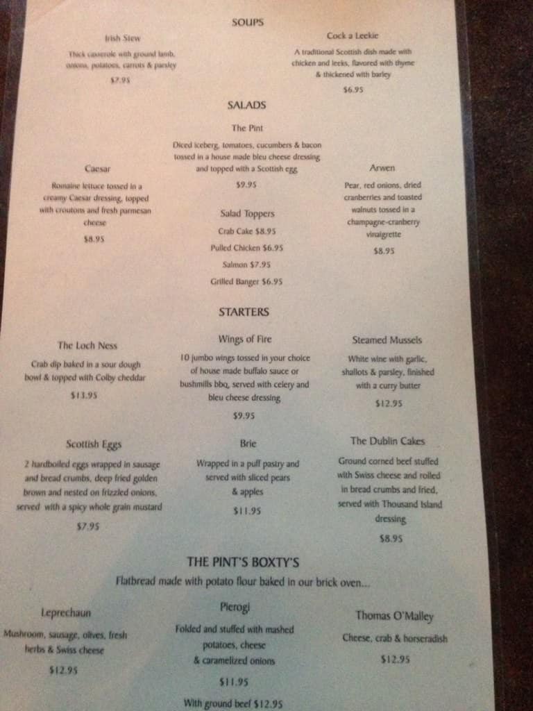 Menu at The Pint pub & bar, Millsboro