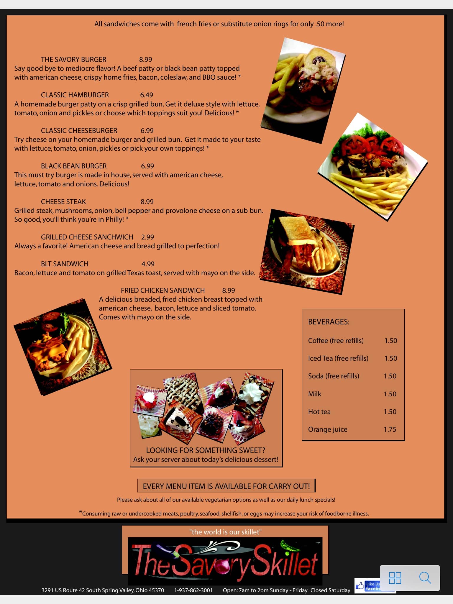 Menu at The Savory Skillet restaurant, Spring Valley, US-42