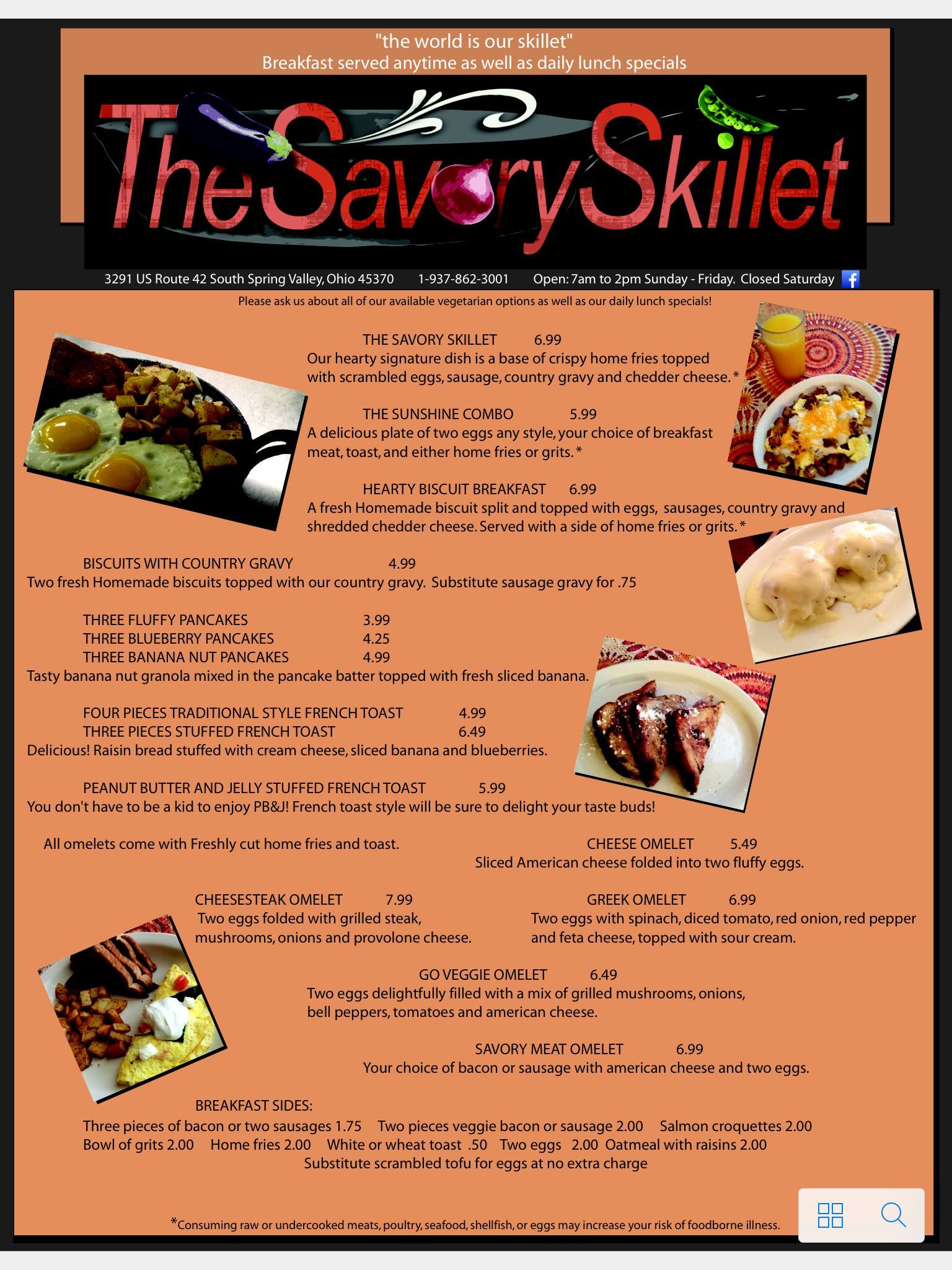 Menu at The Savory Skillet restaurant, Spring Valley, US-42
