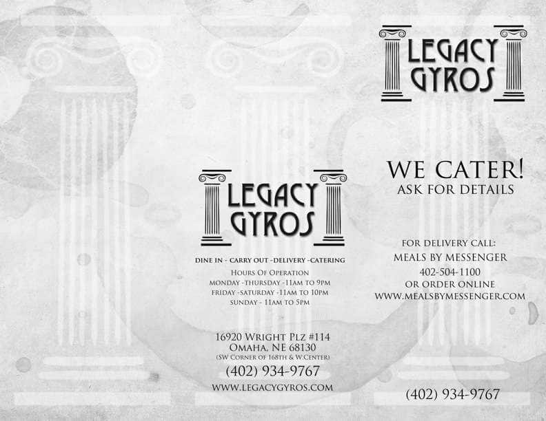 Menu at Legacy Gyros restaurant, Omaha
