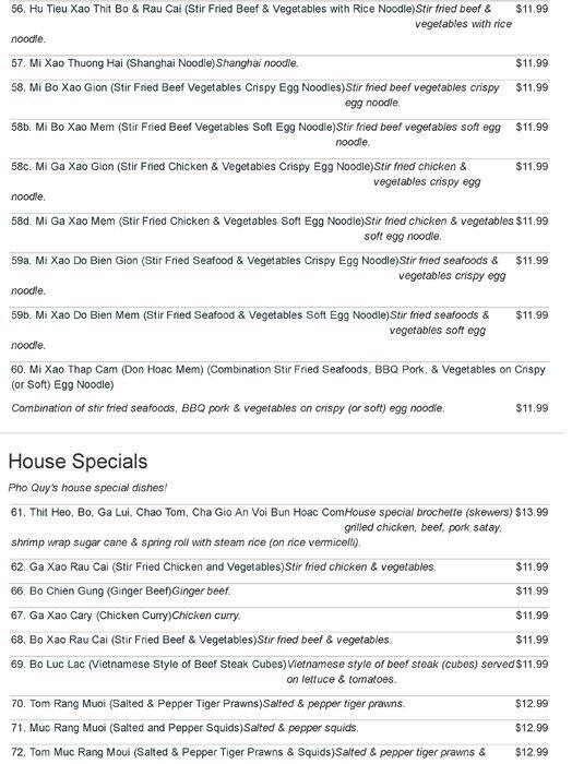Menu at Phu Quy Restaurant, Calgary