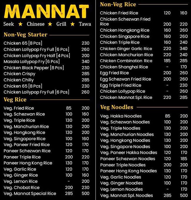Menu of Mannat, Kurla, Mumbai