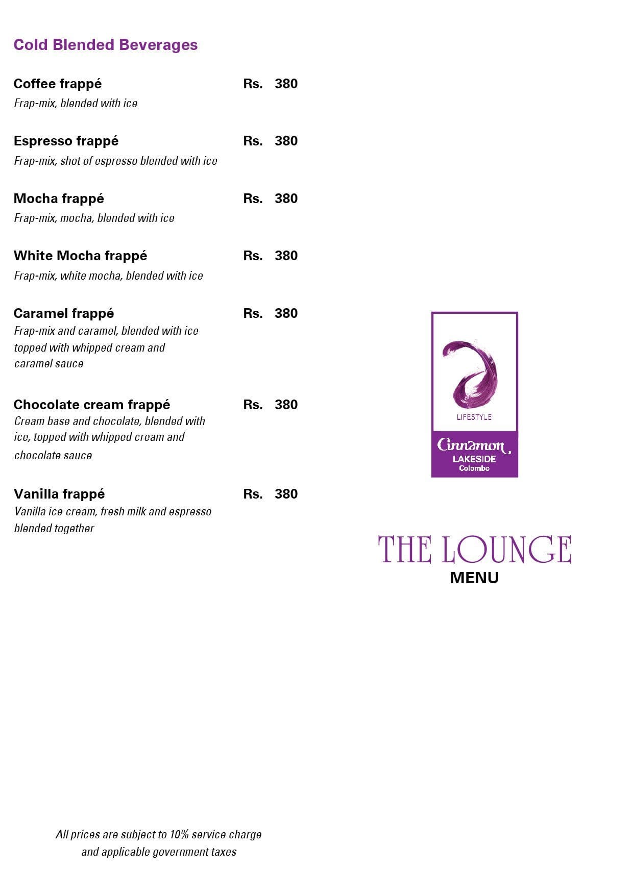 Menu of The Lounge - Cinnamon Lakeside, Slave Island, Colombo 02, Colombo