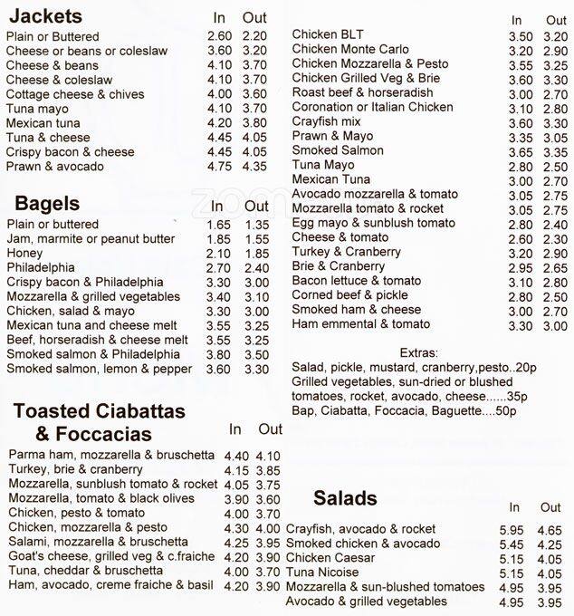 Menu at La Sosta cafe, London