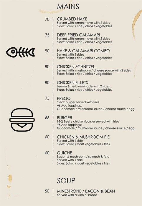 Menu at The Edge Cafe, Cape Town