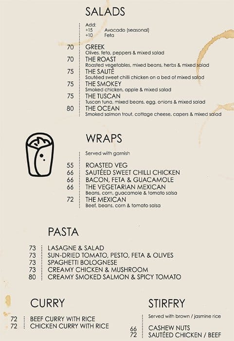 Menu at The Edge Cafe, Cape Town