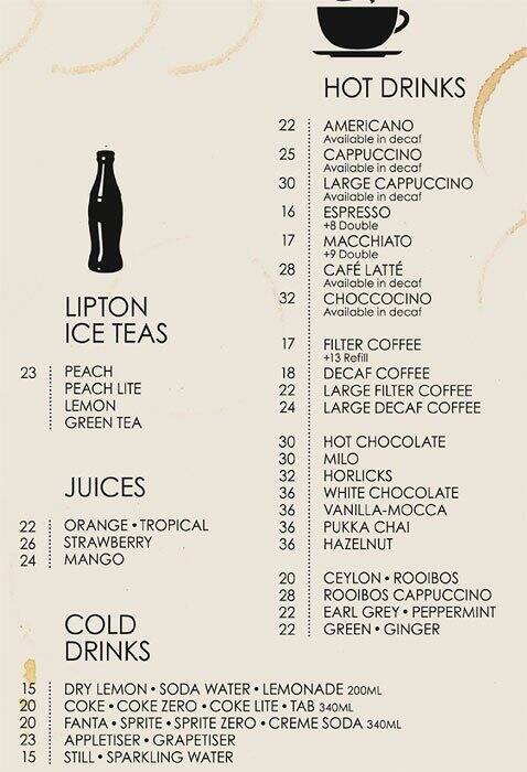 Menu at The Edge Cafe, Cape Town