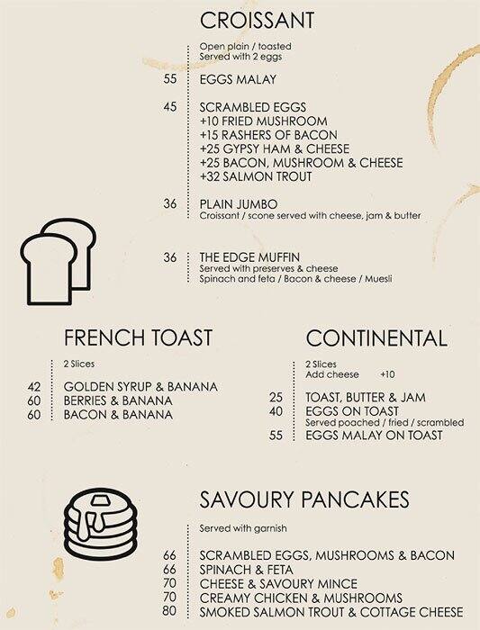 Menu at The Edge Cafe, Cape Town