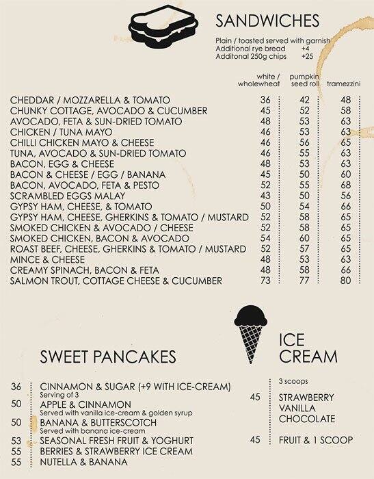 Menu at The Edge Cafe, Cape Town