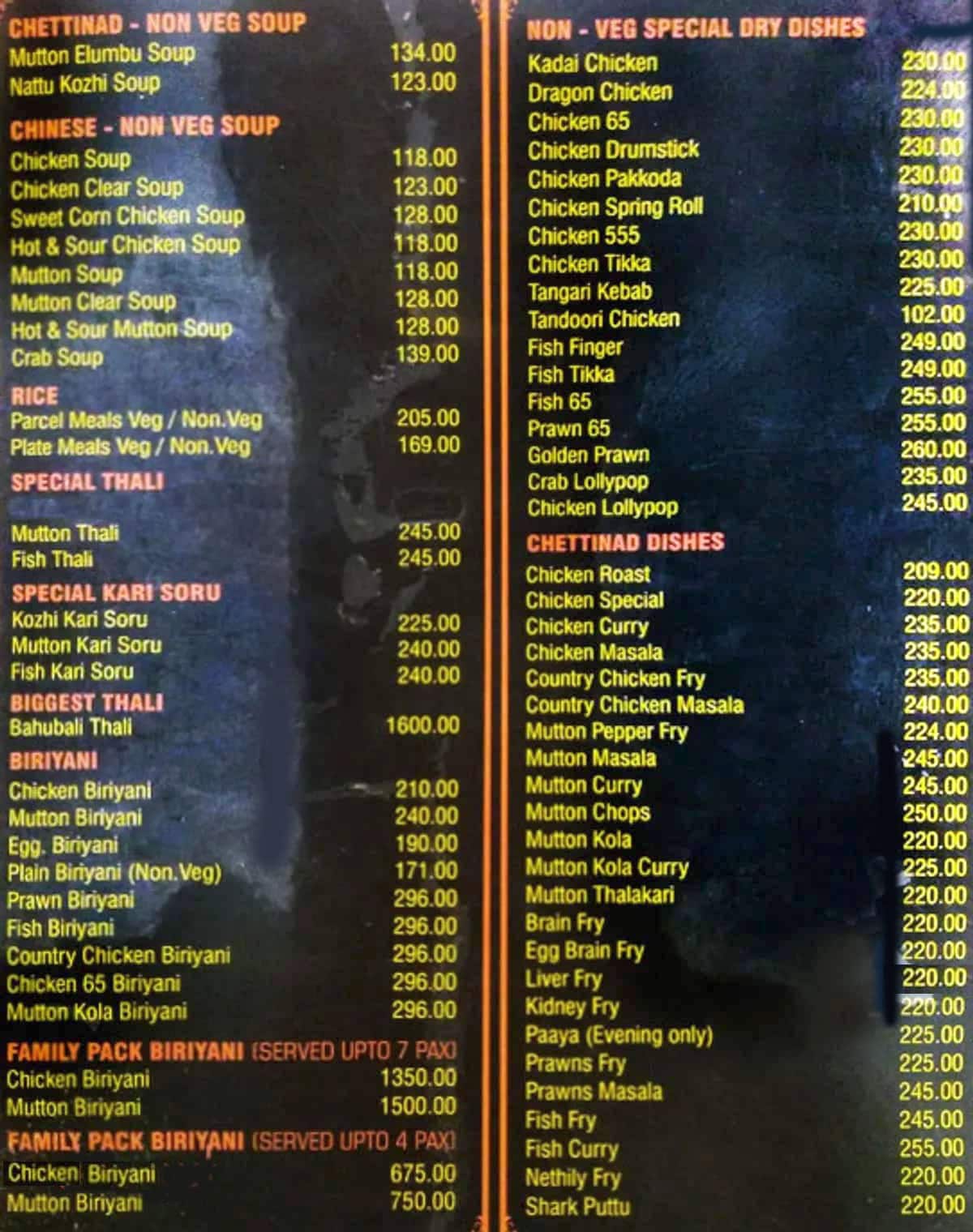 Menu of Ponnusamy Hotel, Royapettah, Chennai