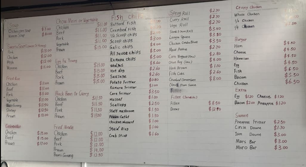 Menu at Fish Boys, Wellington
