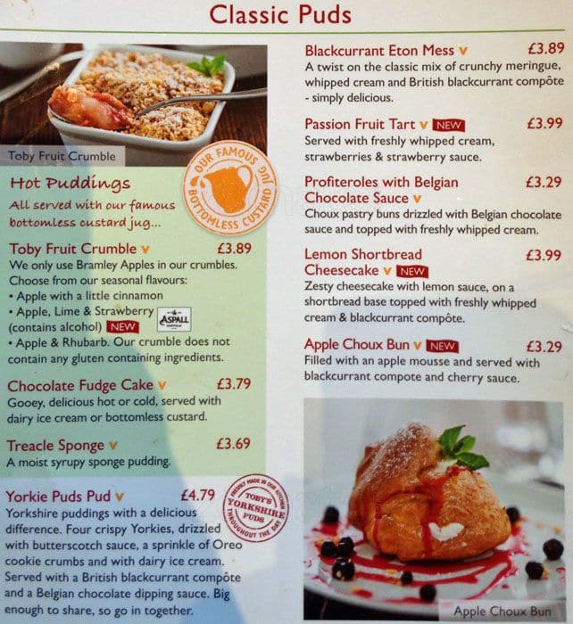 Menu at Toby Carvery Edinburgh restaurant, Edinburgh, 41 Howden Hall Rd