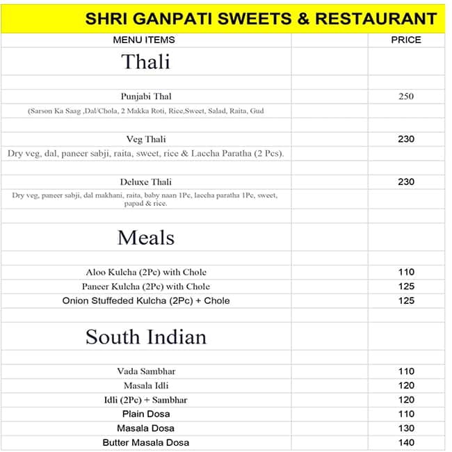 Menu at Shri ganpati sweets, Lucknow