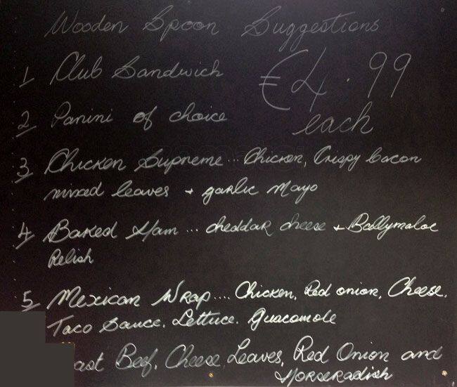 Menu at The Wooden Spoon cafe, Dublin, 34 Main Street