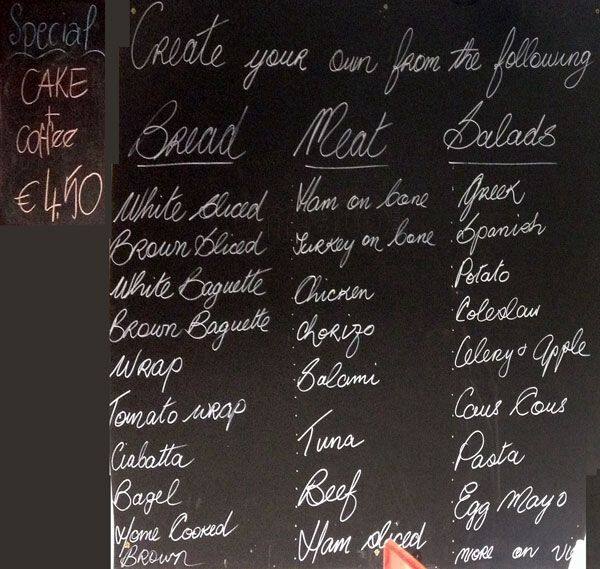 Menu at The Wooden Spoon cafe, Dublin, 34 Main Street