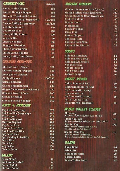 Menu at Spice Valley, Sahibzada Ajit Singh Nagar, SCO 40