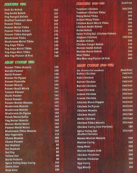 Menu at Spice Valley, Sahibzada Ajit Singh Nagar, SCO 40