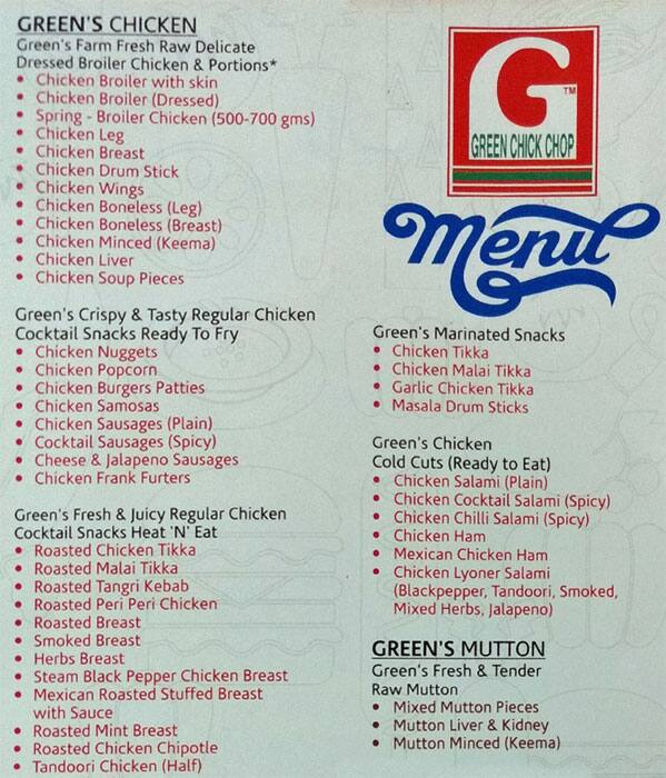 Menu at Green Chick Chop, Delhi, Desh Bandhu Gupta Marg