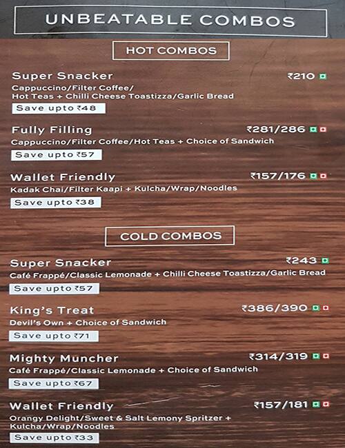 Menu at Kafe koffe day, Colva, Bus Stand