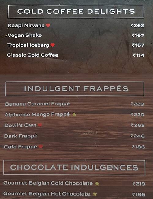 Menu at Kafe koffe day, Colva, Bus Stand