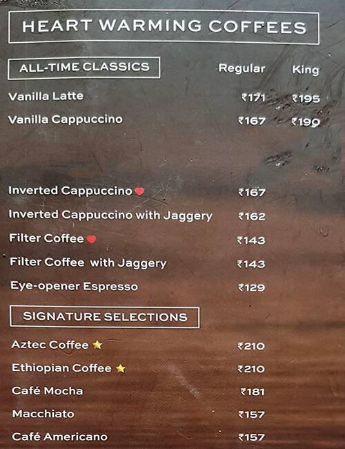 Menu at Kafe koffe day, Colva, Bus Stand