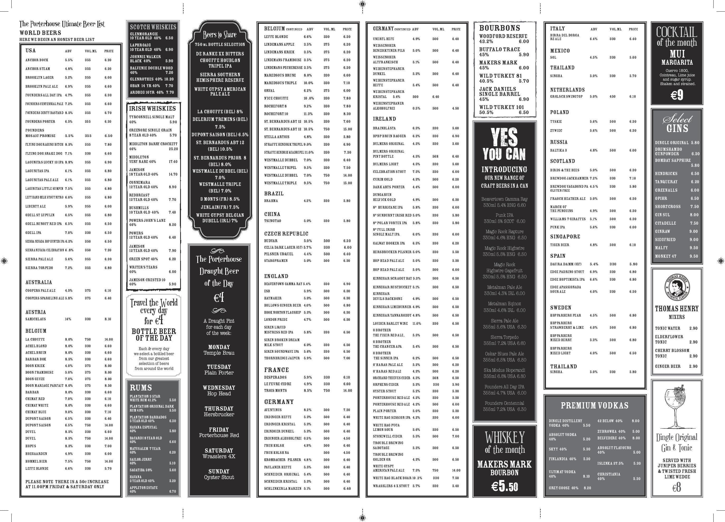 Menu at The Porterhouse Central pub & bar, Dublin