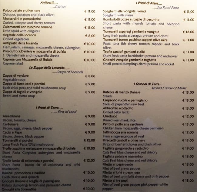 Menu da Vecchia Locanda ristorante, Roma, Vicolo Sinibaldi
