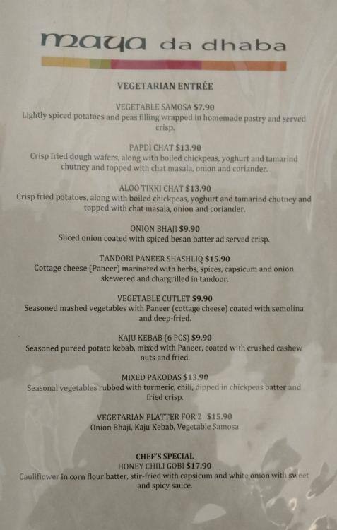Menu at Maya Da Dhaba restaurant, Surry Hills, 431 Cleveland St