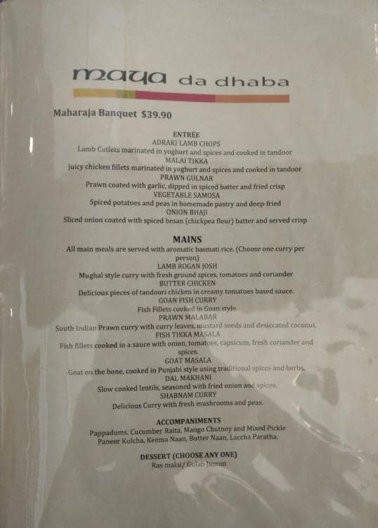 Menu at Maya Da Dhaba restaurant, Surry Hills, 431 Cleveland St