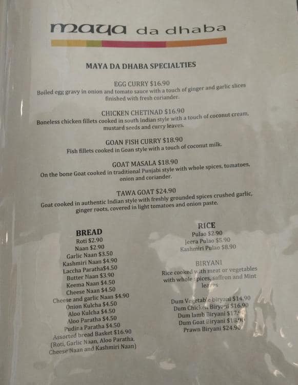 Menu at Maya Da Dhaba restaurant, Surry Hills, 431 Cleveland St